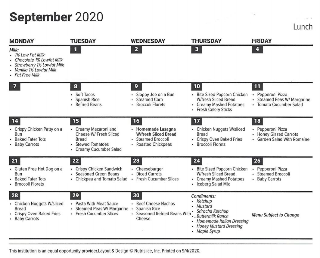 Cafeteria Menu - St. Benedict Catholic School